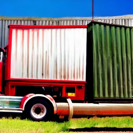 Giant red semi-truck loaded with ripe juicy tomatoes, traveling towards ...