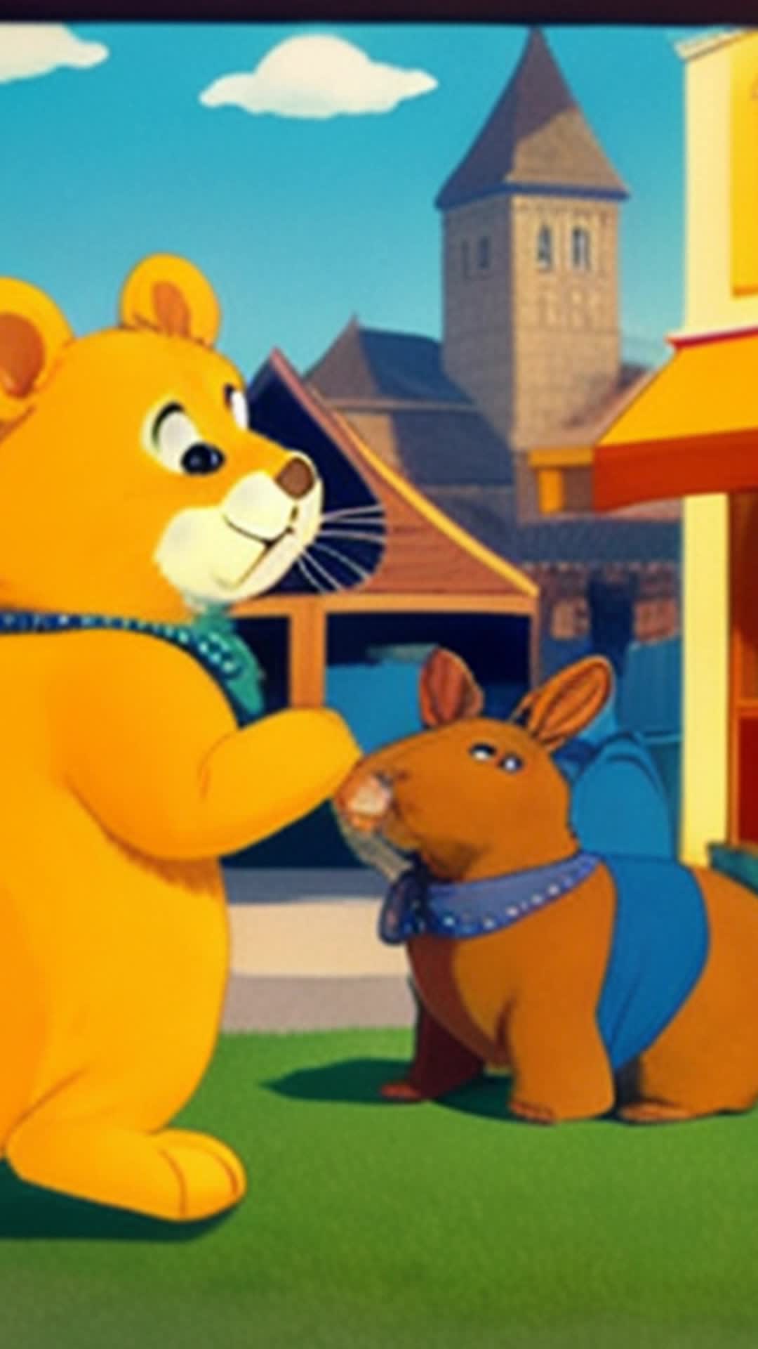 Cheerful Animated Gigglesville Town Square with Benny and Rolly