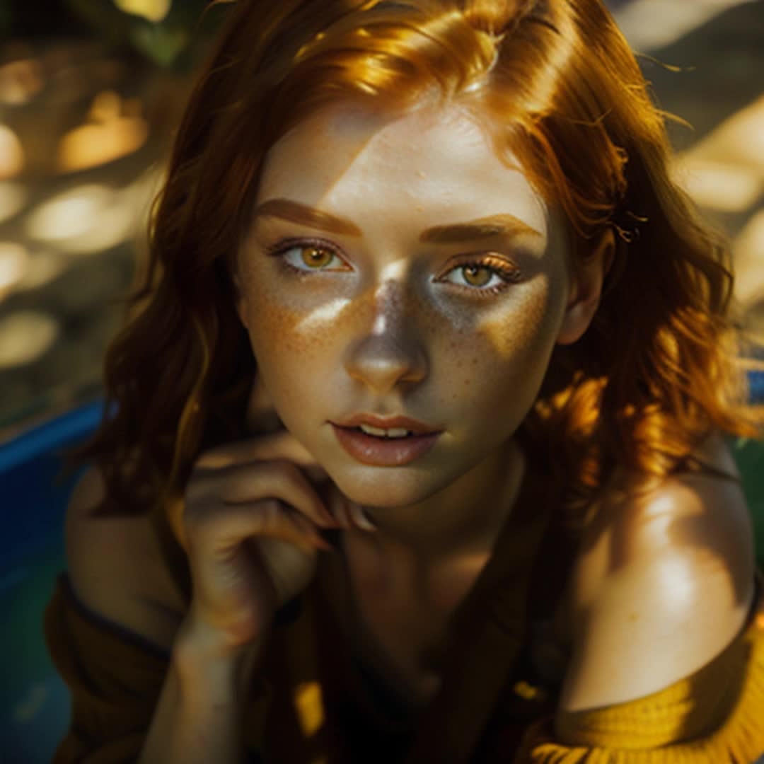 Fiery Red-haired Woman with Matching Sandals in Golden Sunlight