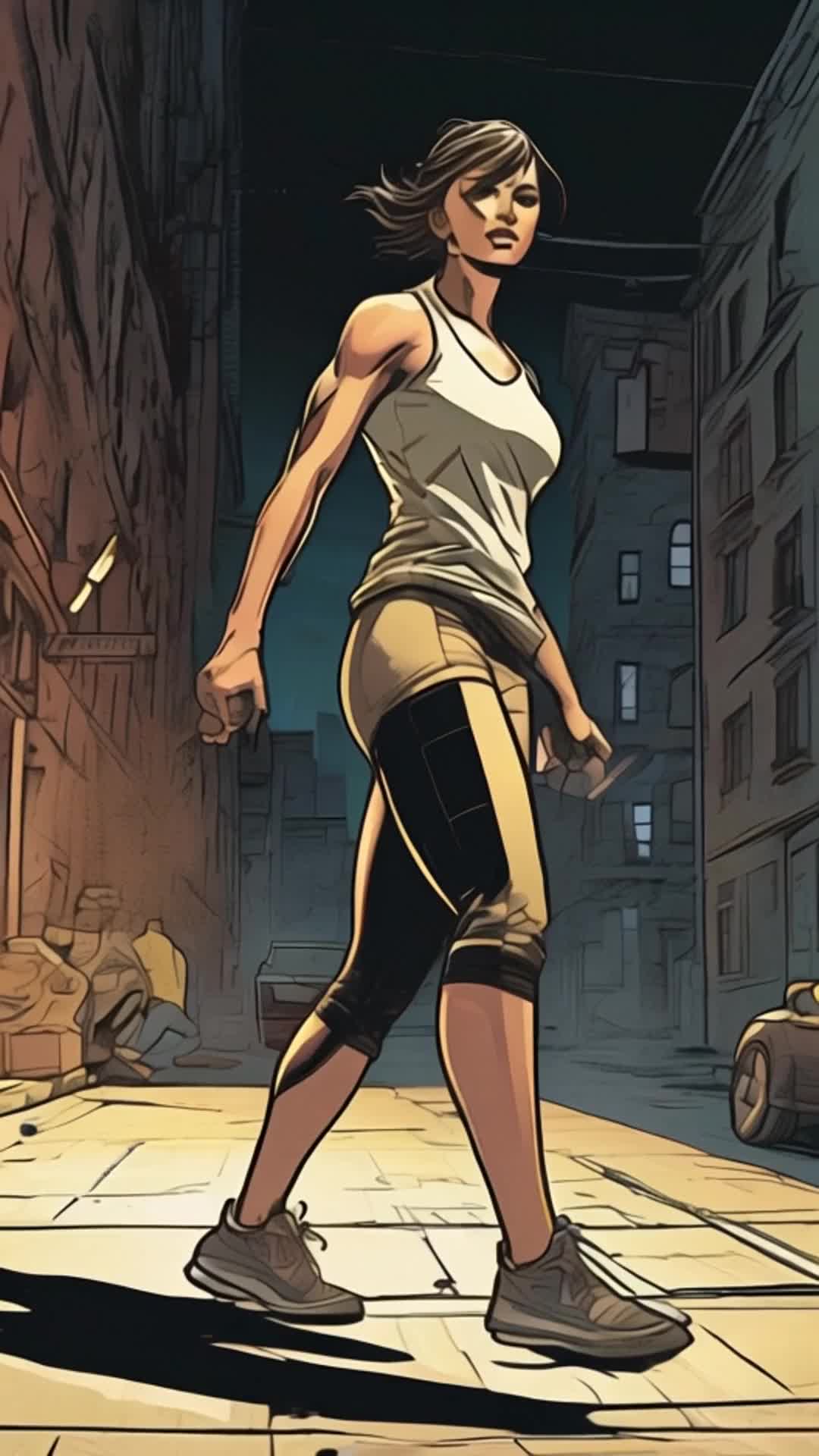 Sleek woman evades attacker with precise moves in dark alley