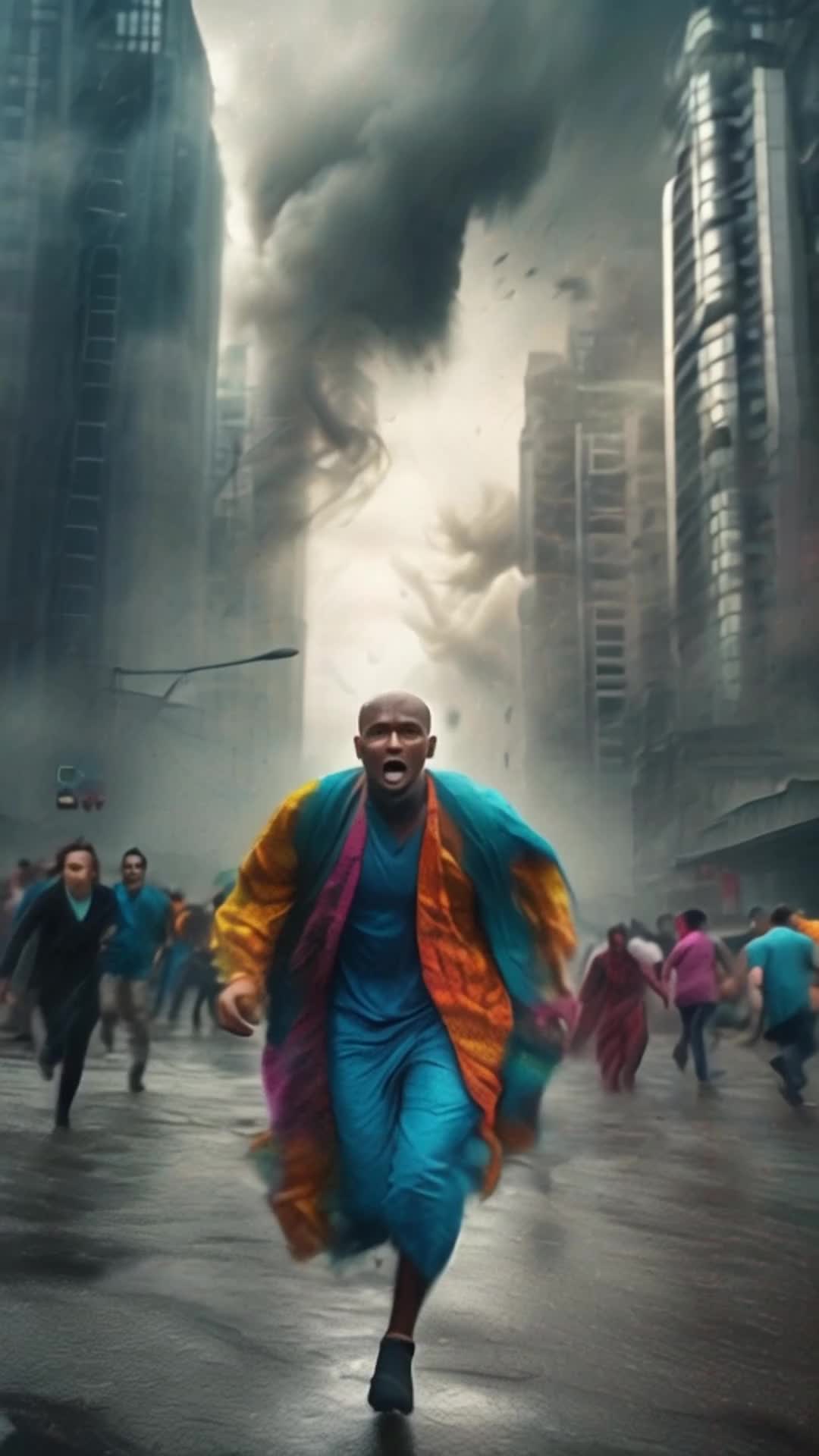 Panic in Urban Landscape: Humans Run in Fear as Divine Figure Watches ...