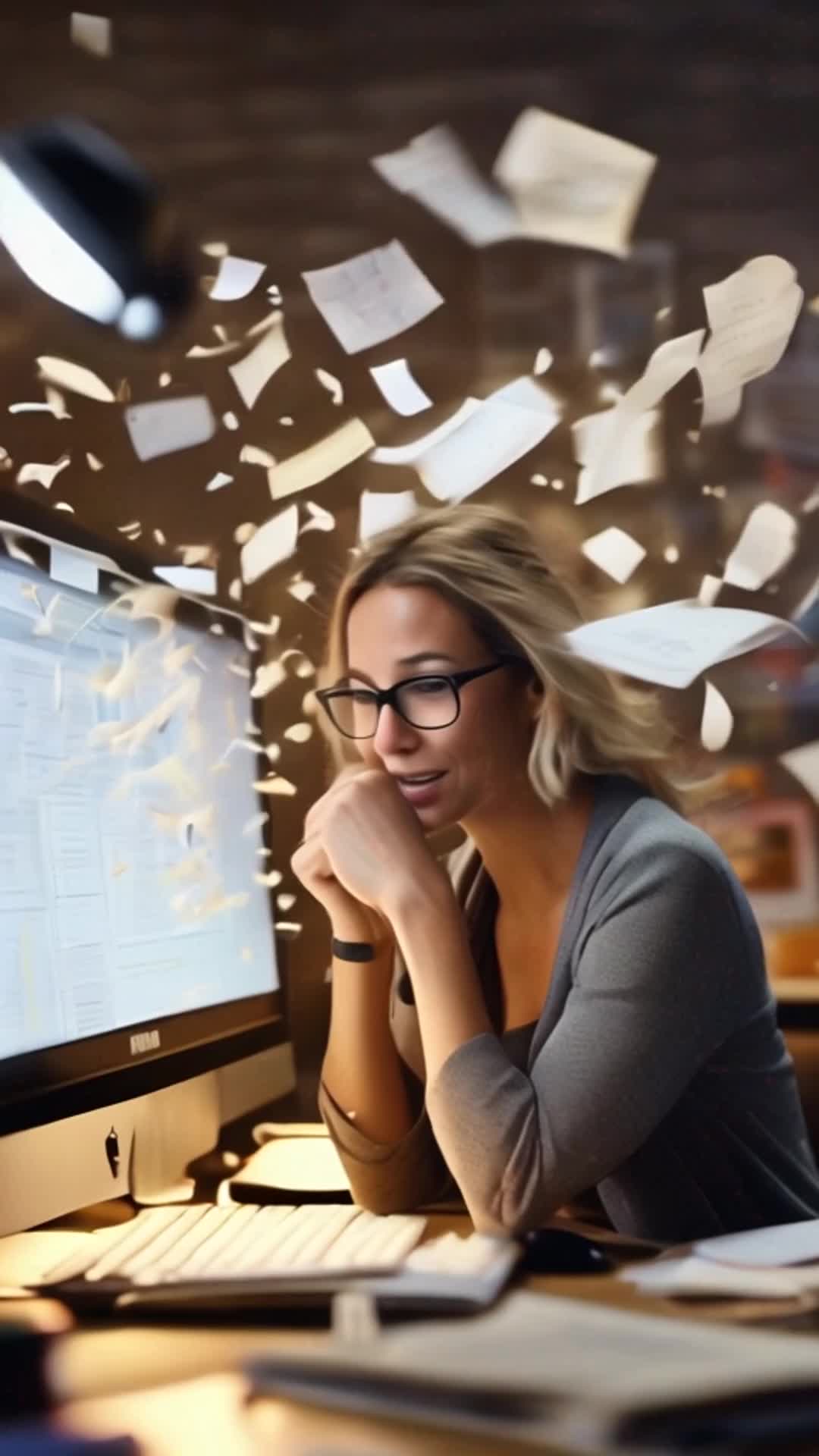 Small Business Owner Typing Frantically: Energized Workspace Chaos