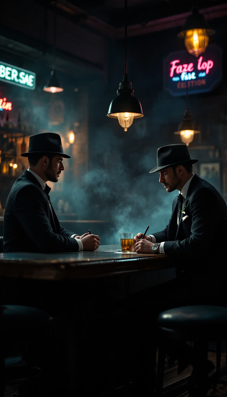 Sleek Gangsters Exchange Whispers: Action in Smoky Bar